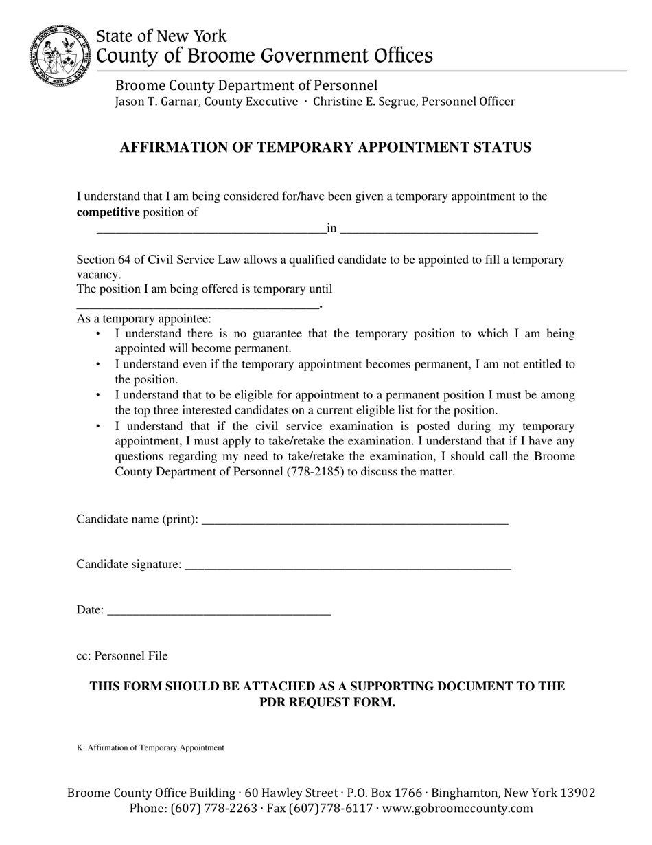 County of Broome, New York Affirmation of Temporary Appointment Status ...