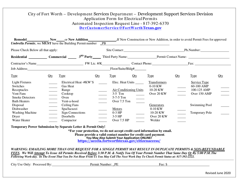 City of Fort Worth, Texas Application Form for Electrical Permits ...