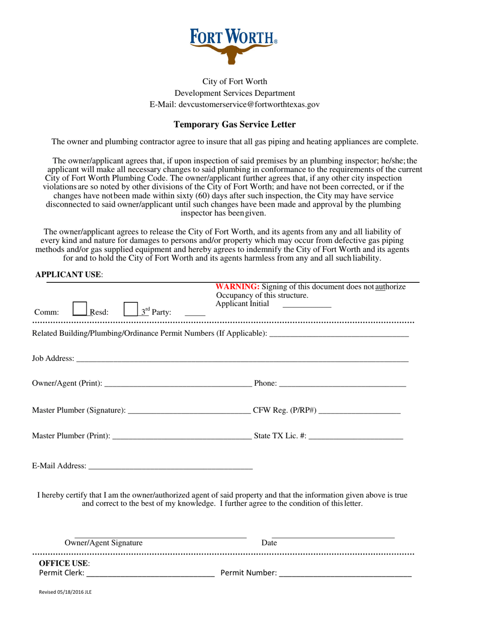 City of Fort Worth, Texas Temporary Gas Service Letter - Fill Out, Sign ...