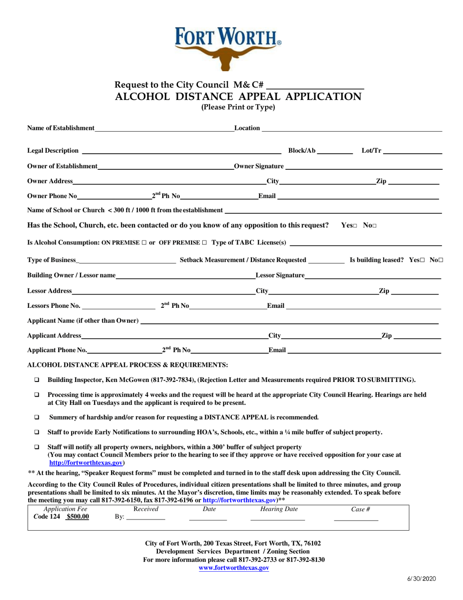 City of Fort Worth, Texas Alcohol Distance Appeal Application - Fill ...