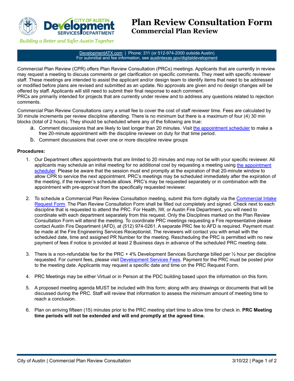 City of Austin, Texas Plan Review Consultation Form - Commercial Plan ...