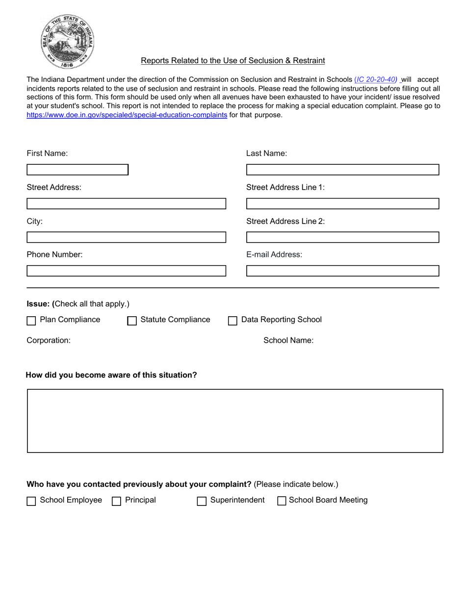 Indiana Reports Related to the Use of Seclusion & Restraint - Fill Out ...