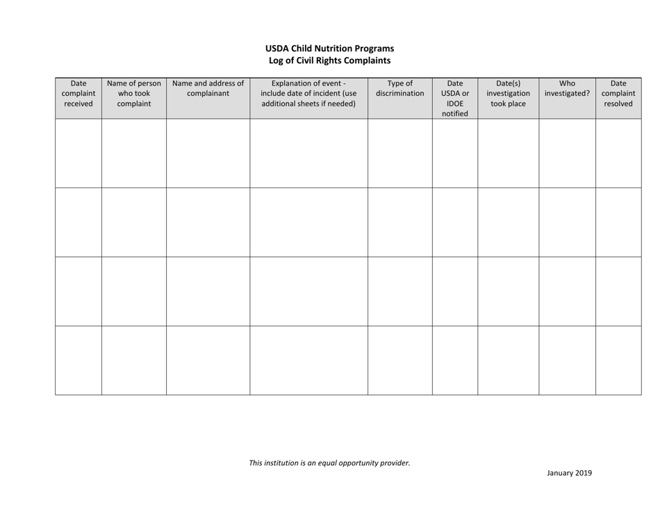 Log of Civil Rights Complaints - Usda Child Nutrition Programs - Fill ...