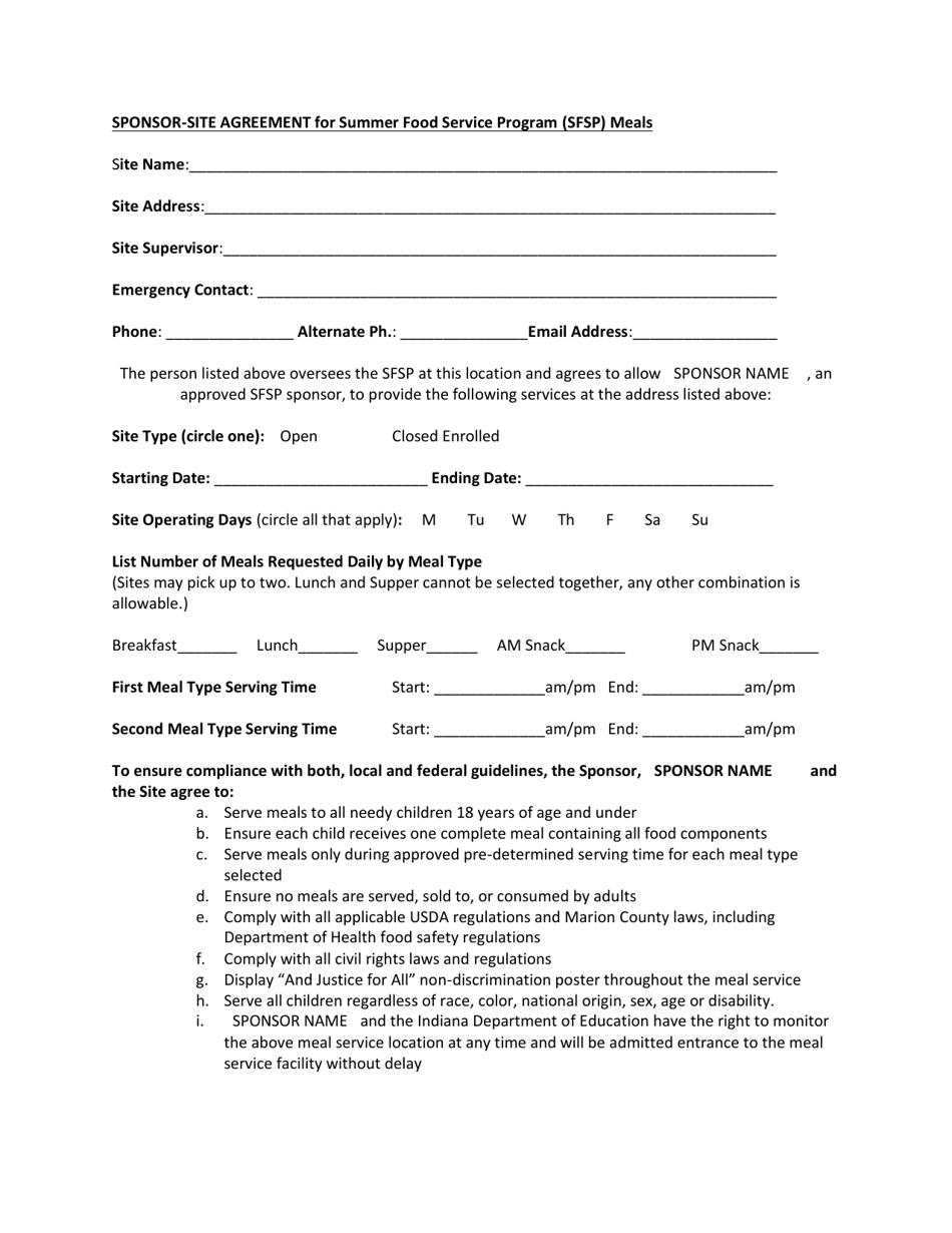 Indiana Sponsor-Site Agreement for Summer Food Service Program (Sfsp ...