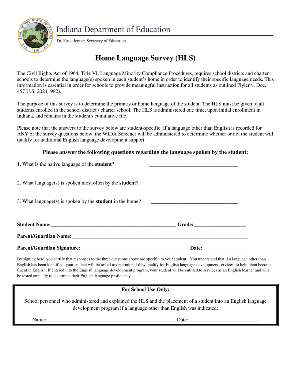 Indiana Home Language Survey (Hls) - Fill Out, Sign Online and Download ...
