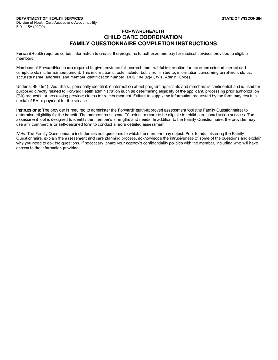 Download Instructions for Form F-01118 Child Care Coordination Family Questionnaire PDF ...