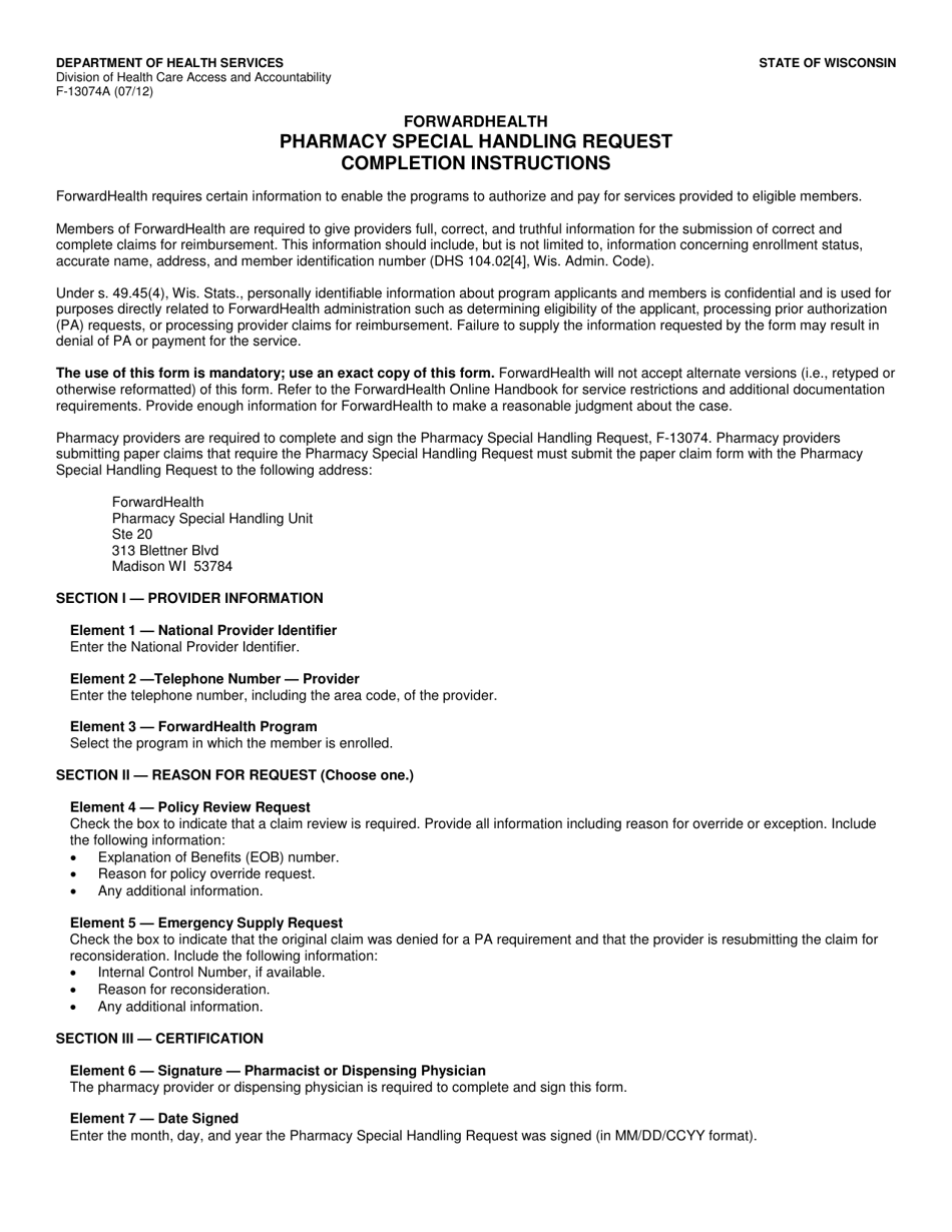 Download Instructions for Form F-13074 Pharmacy Special Handling ...