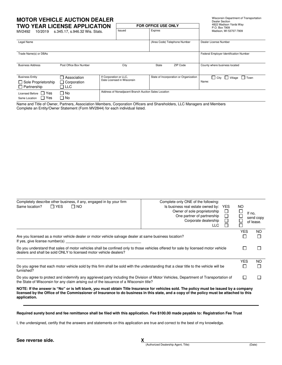 Form MV2492 - Fill Out, Sign Online and Download Fillable PDF ...