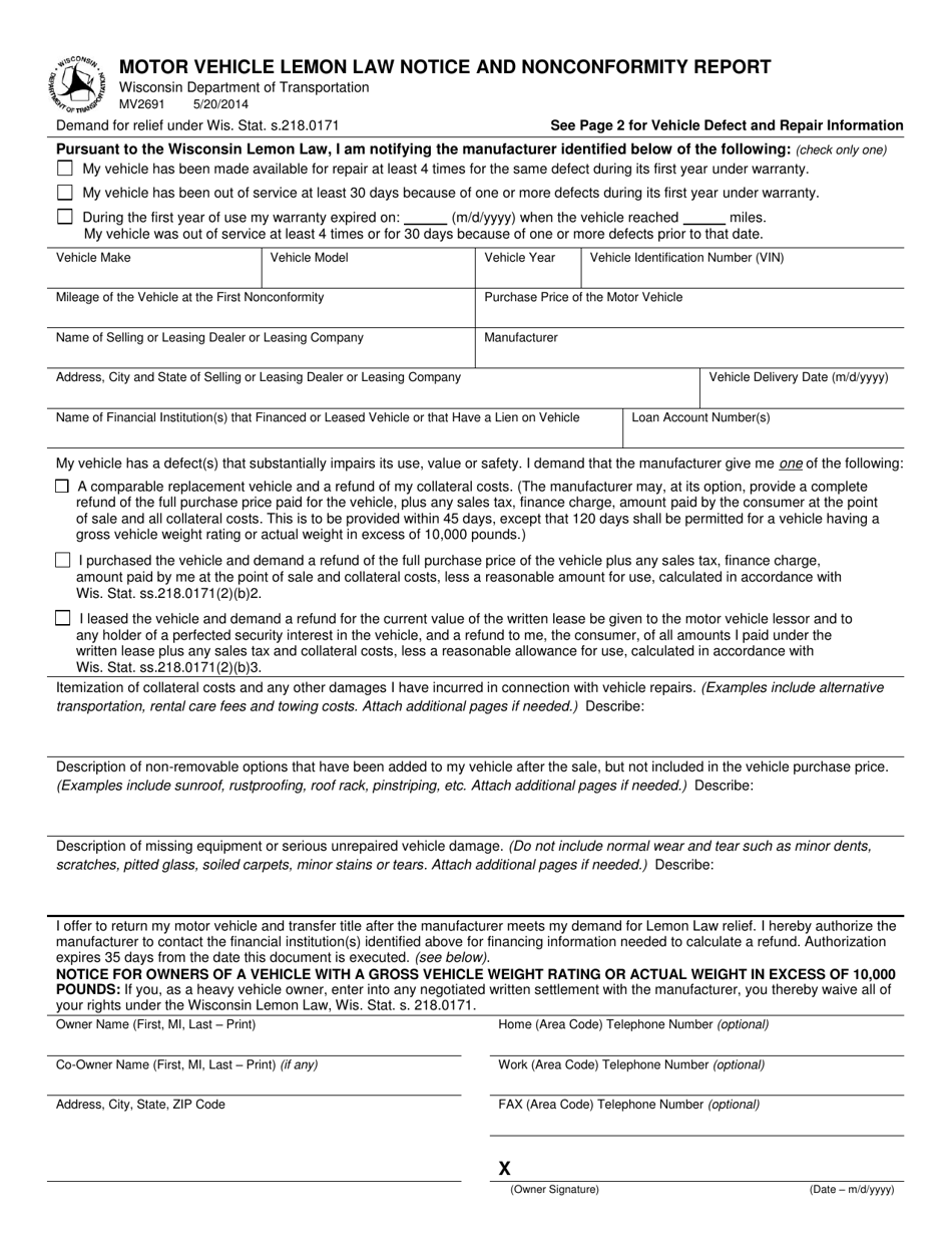 Form MV2691 - Fill Out, Sign Online and Download Fillable PDF ...