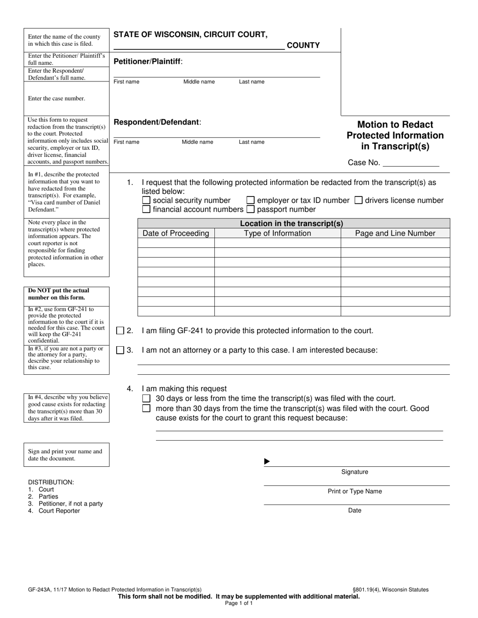 Form GF-243A - Fill Out, Sign Online and Download Printable PDF ...