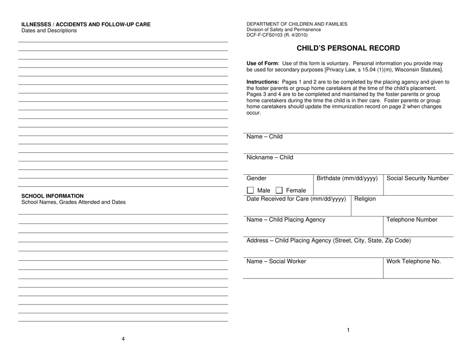 Form DCF-F-CFS0103 - Fill Out, Sign Online and Download Printable PDF ...