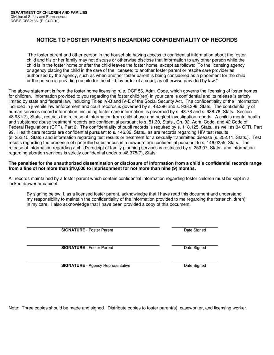 Form DCF-F-CFS2186 - Fill Out, Sign Online and Download Printable PDF ...