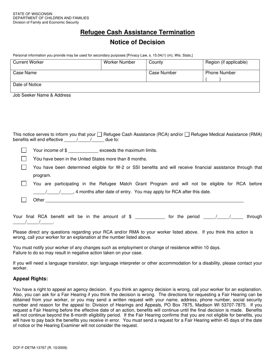 Form DCF-F-DETM13767 - Fill Out, Sign Online and Download Printable PDF ...