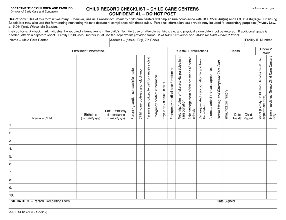 Form DCF-F-CFS1675 - Fill Out, Sign Online and Download Printable PDF ...