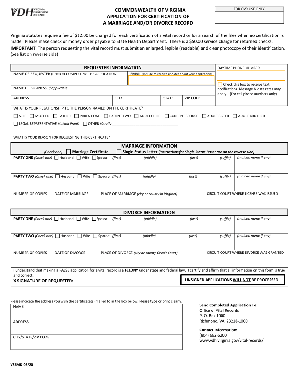 Form VS6MD - Fill Out, Sign Online and Download Fillable PDF, Virginia ...