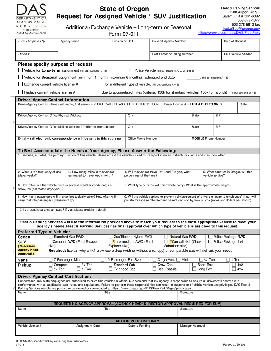 Form 07-011 Download Fillable PDF or Fill Online Request for Assigned ...