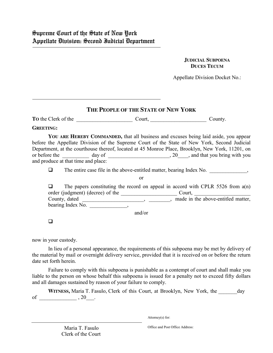 New York Judicial Subpoena Duces Tecum - Fill Out, Sign Online and ...