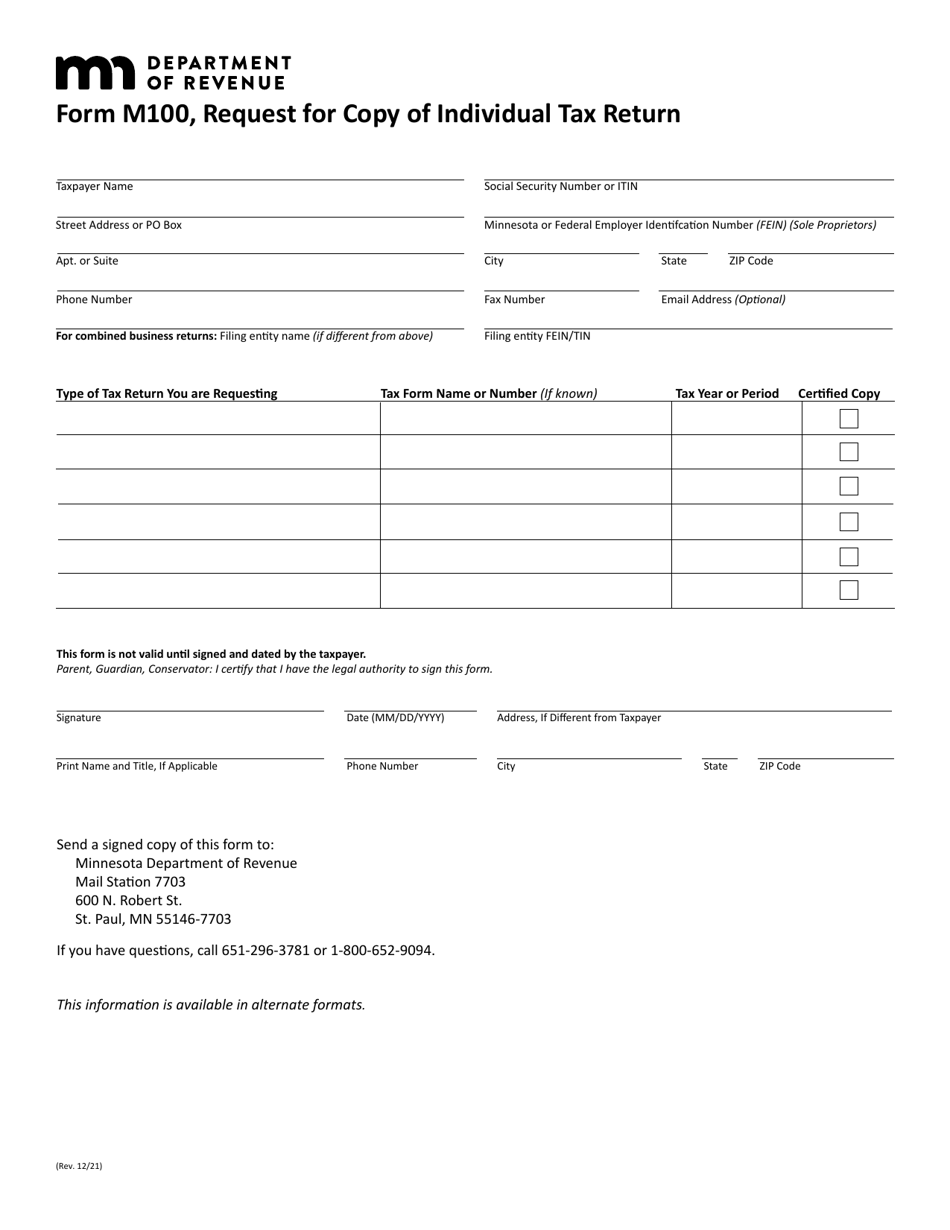Form M100 - Fill Out, Sign Online and Download Fillable PDF, Minnesota ...