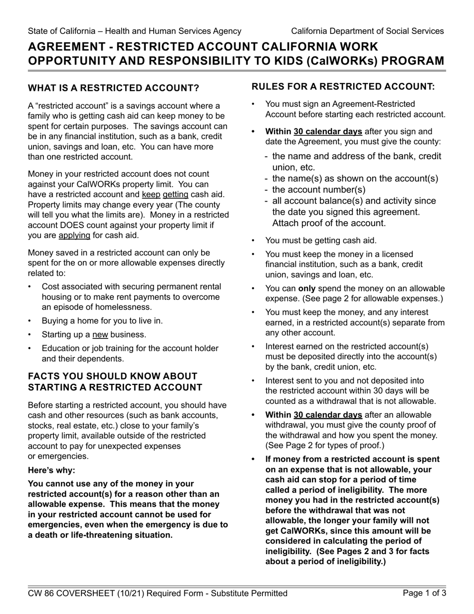 Form CW86 Download Fillable PDF or Fill Online Agreement - Restricted Account - California Work ...
