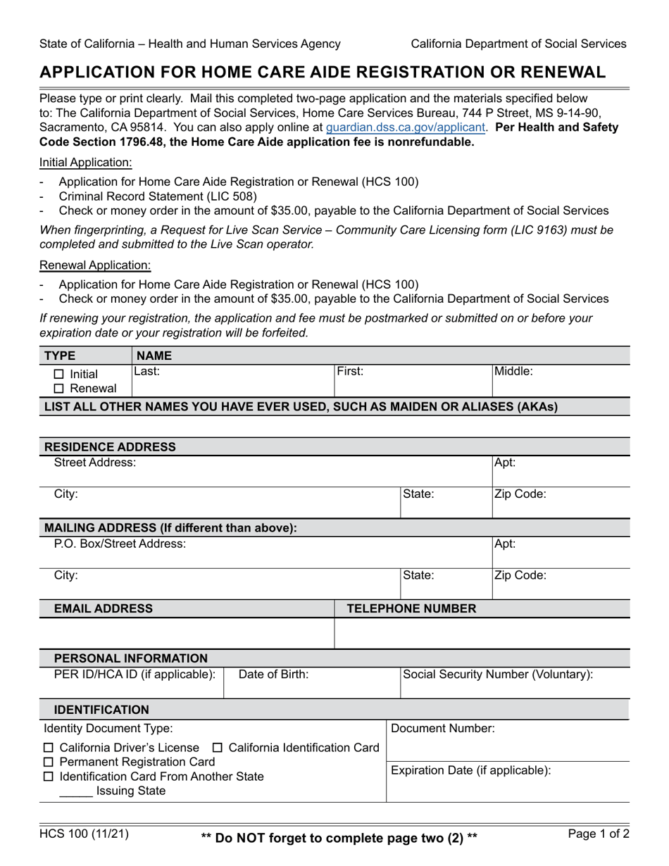 Form HCS100 - Fill Out, Sign Online and Download Fillable PDF ...