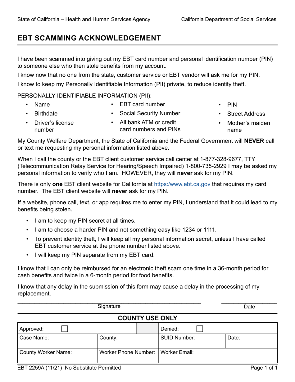 Form EBT2259A Download Fillable PDF or Fill Online Ebt Scamming ...