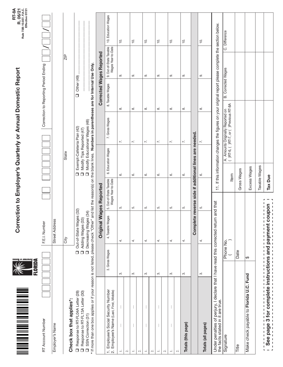 Form RT-8A Download Printable PDF or Fill Online Correction to Employer's Quarterly or Annual ...