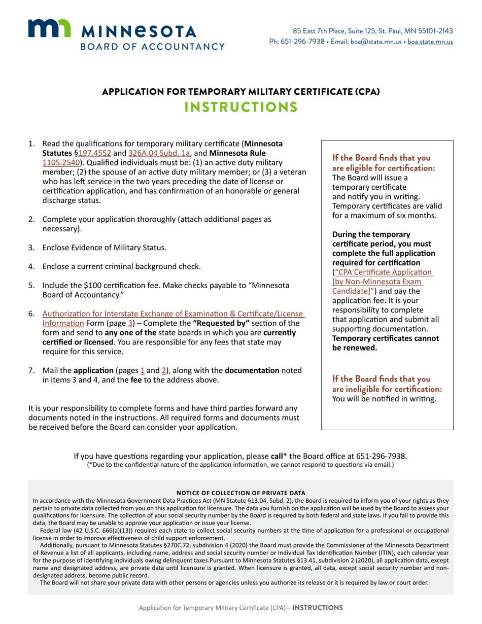 Minnesota Application for Temporary Military Certificate (CPA) - Fill ...