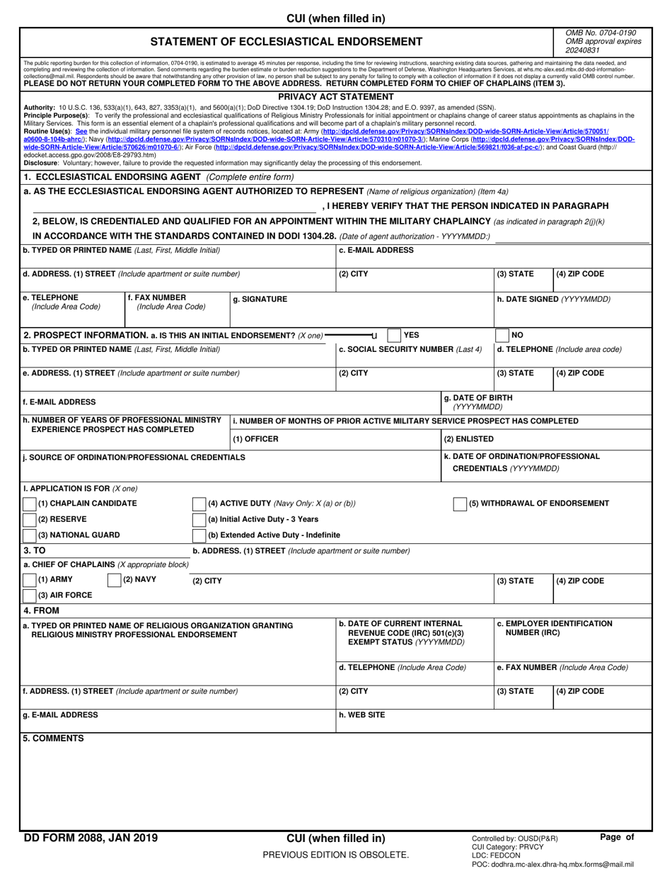 DD Form 2088 Download Fillable PDF or Fill Online Statement of Ecclesiastical Endorsement 2014 ...