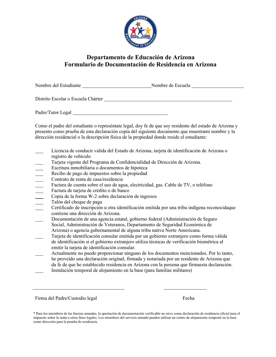 Arizona Formulario De Documentacion De Residencia En Arizona (Spanish ...