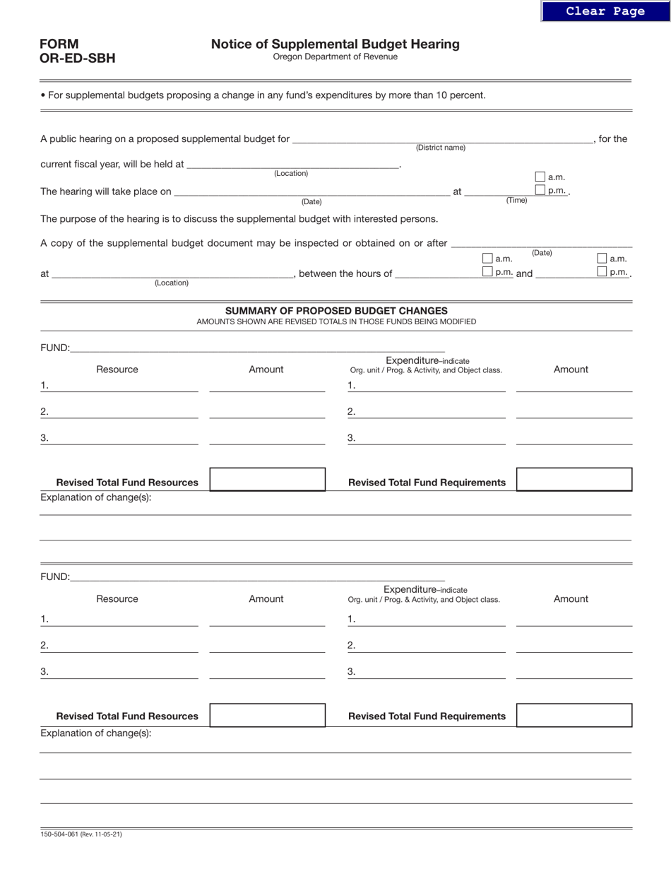 Form OR-ED-SBH (150-504-061) - Fill Out, Sign Online and Download Fillable PDF, Oregon ...