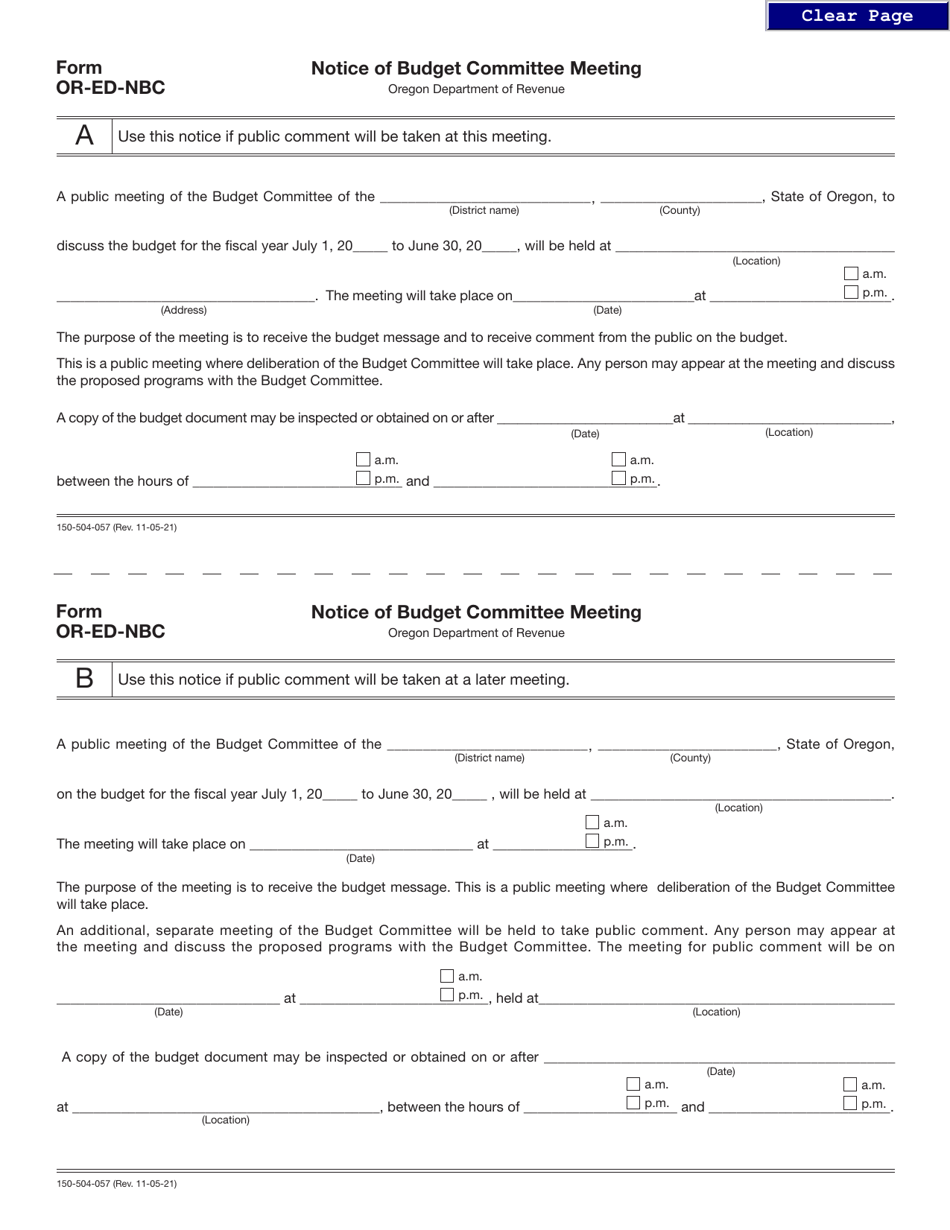 Form OR-ED-NBC (150-504-057) - Fill Out, Sign Online and Download Fillable PDF, Oregon ...
