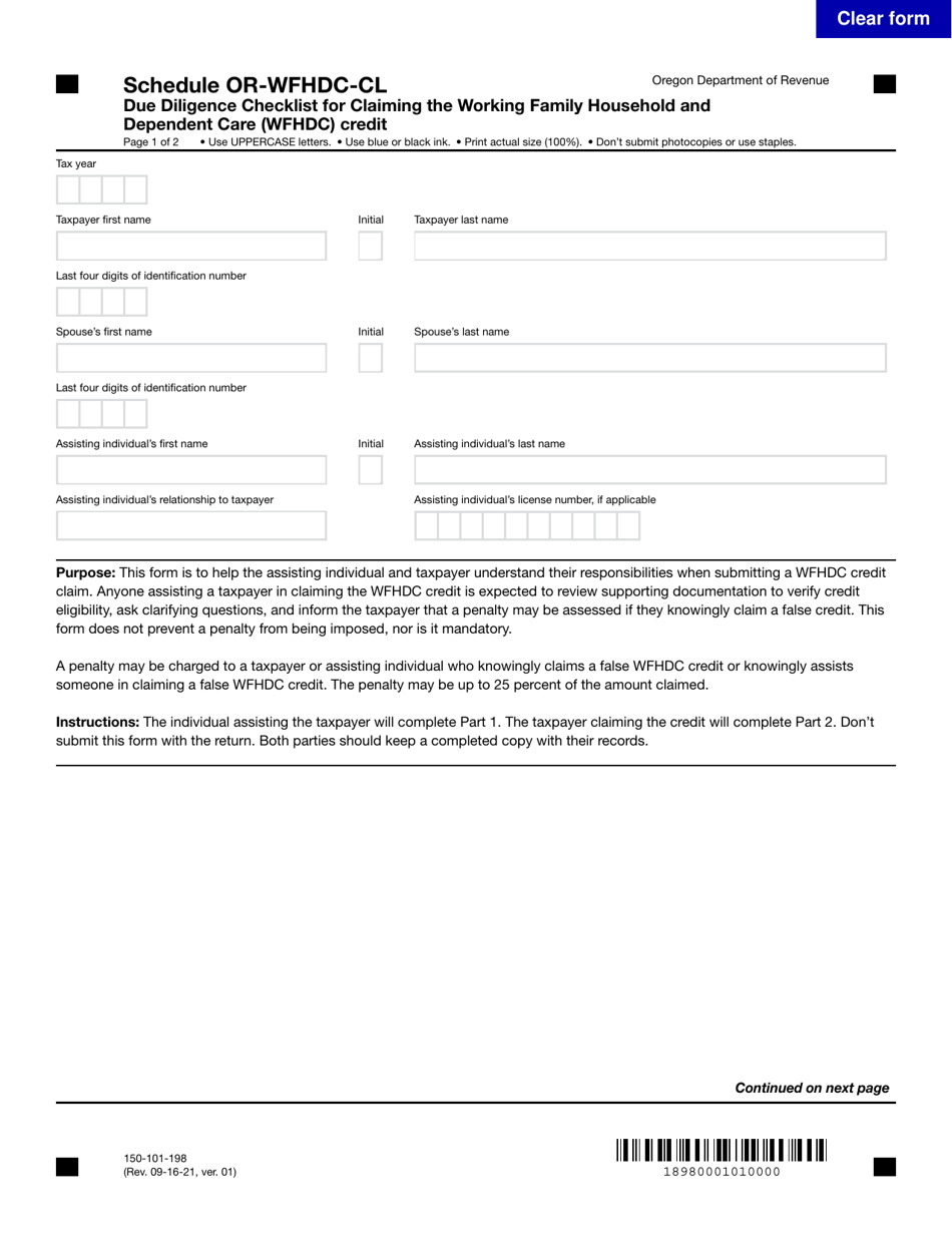 Form 150-101-198 Schedule OR-WFHDC-CL - Fill Out, Sign Online and ...