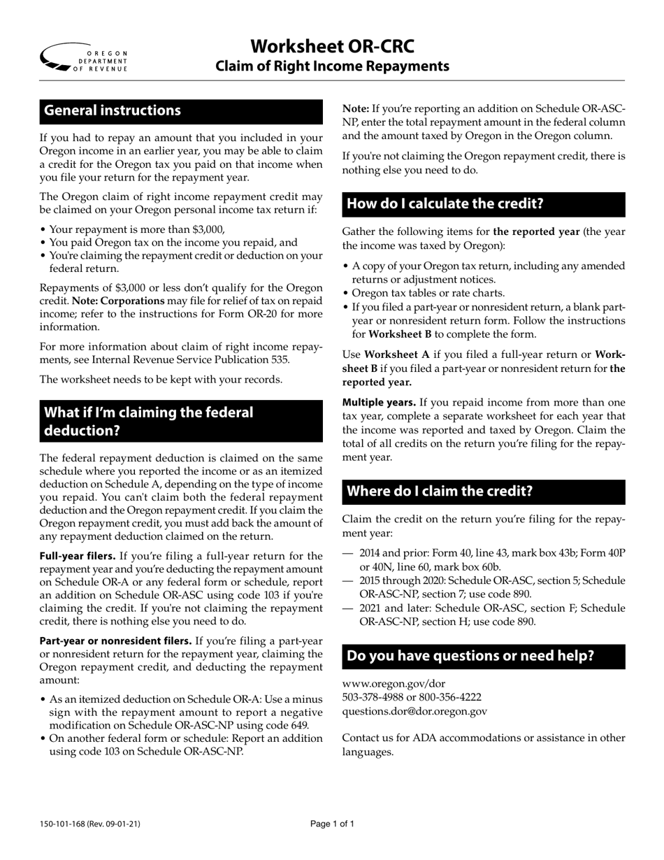 Form 150-101-168 Worksheet OR-CRC - Fill Out, Sign Online and Download Fillable PDF, Oregon ...
