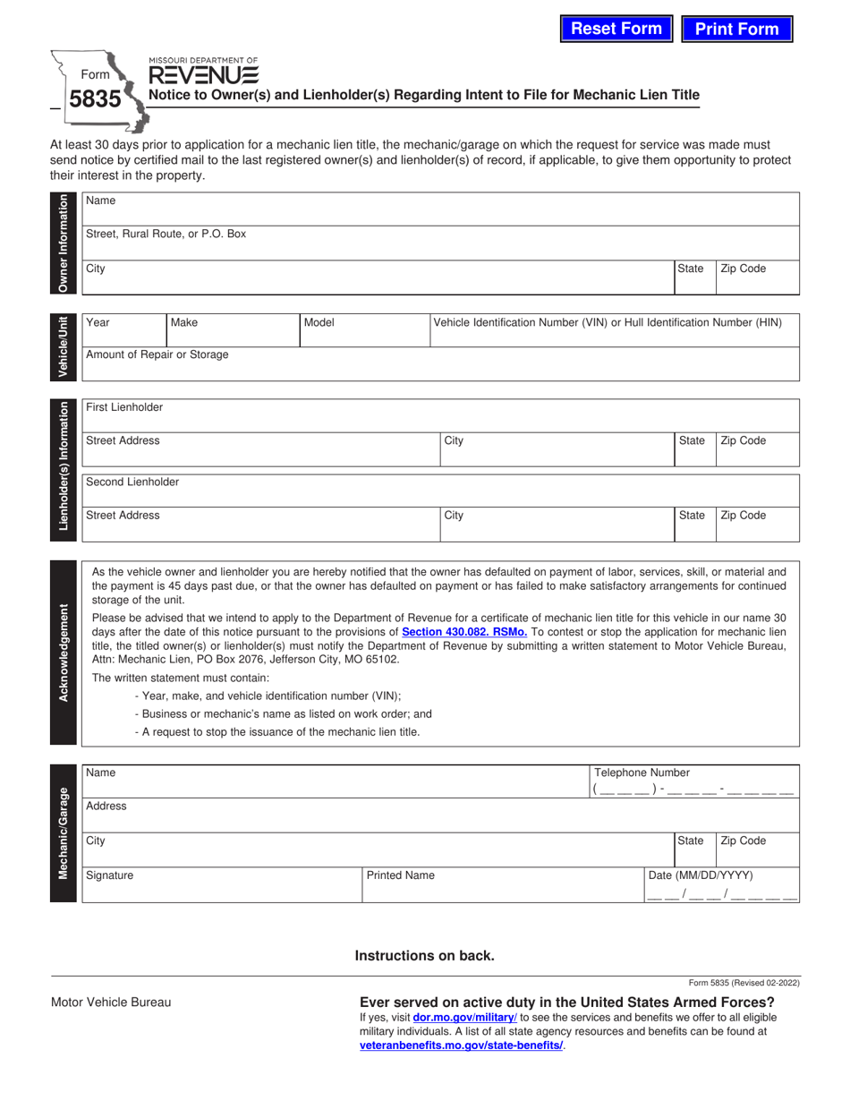 Form 5835 Download Fillable PDF or Fill Online Notice to Owner(S) and Lienholder(S) Regarding ...