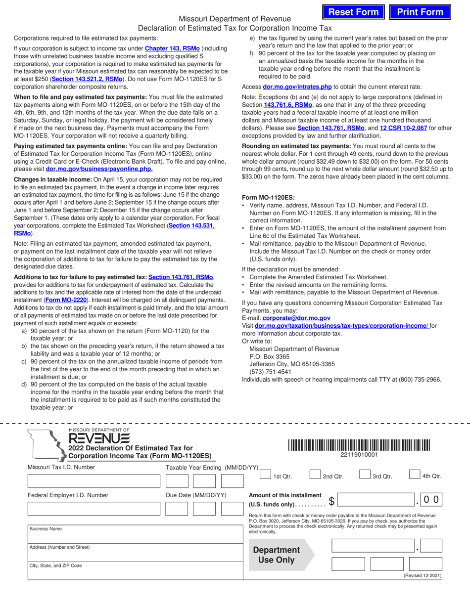 Form MO-1120ES - 2022 - Fill Out, Sign Online and Download Fillable PDF, Missouri | Templateroller