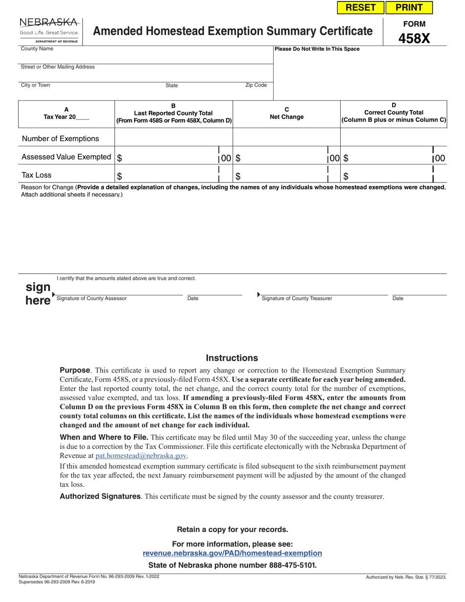 Form 458X Download Fillable PDF or Fill Online Amended Homestead ...