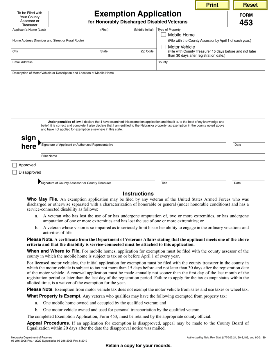 Form 453 Download Fillable PDF or Fill Online Exemption Application for Honorably Discharged ...