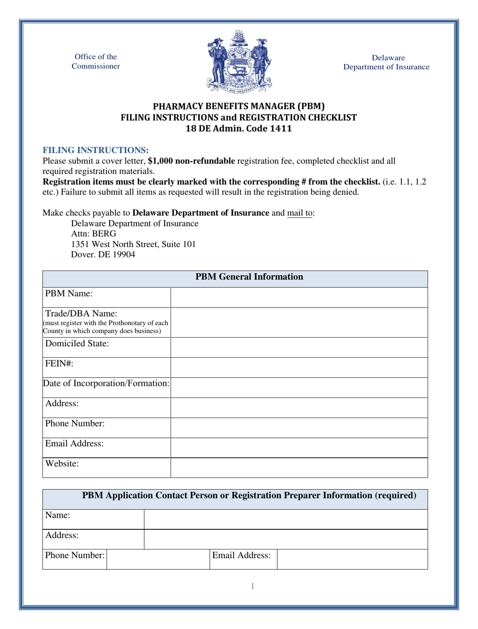Delaware Pharmacy Benefits Manager Checklist/Registration Application ...