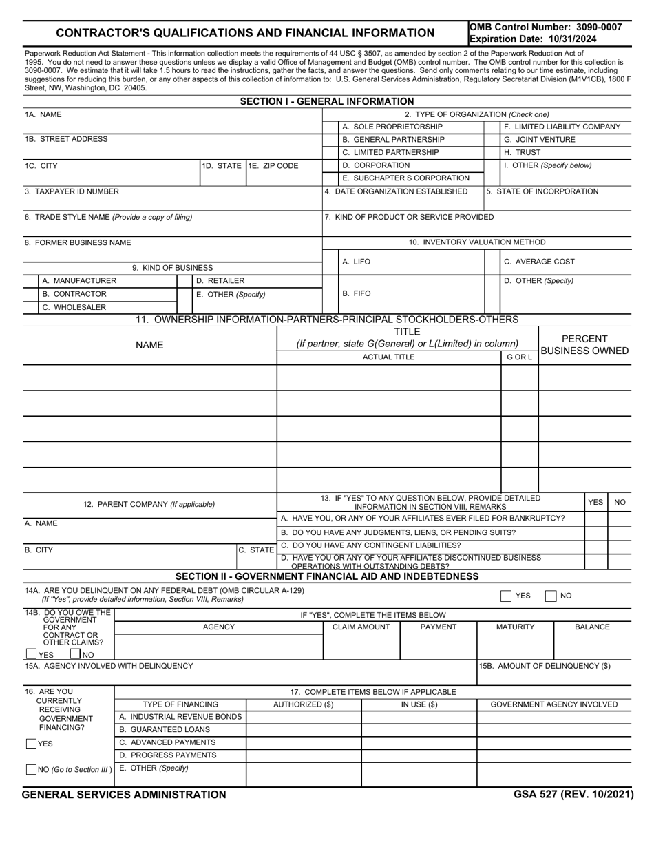 GSA Form 527 Download Fillable PDF or Fill Online Contractor's ...