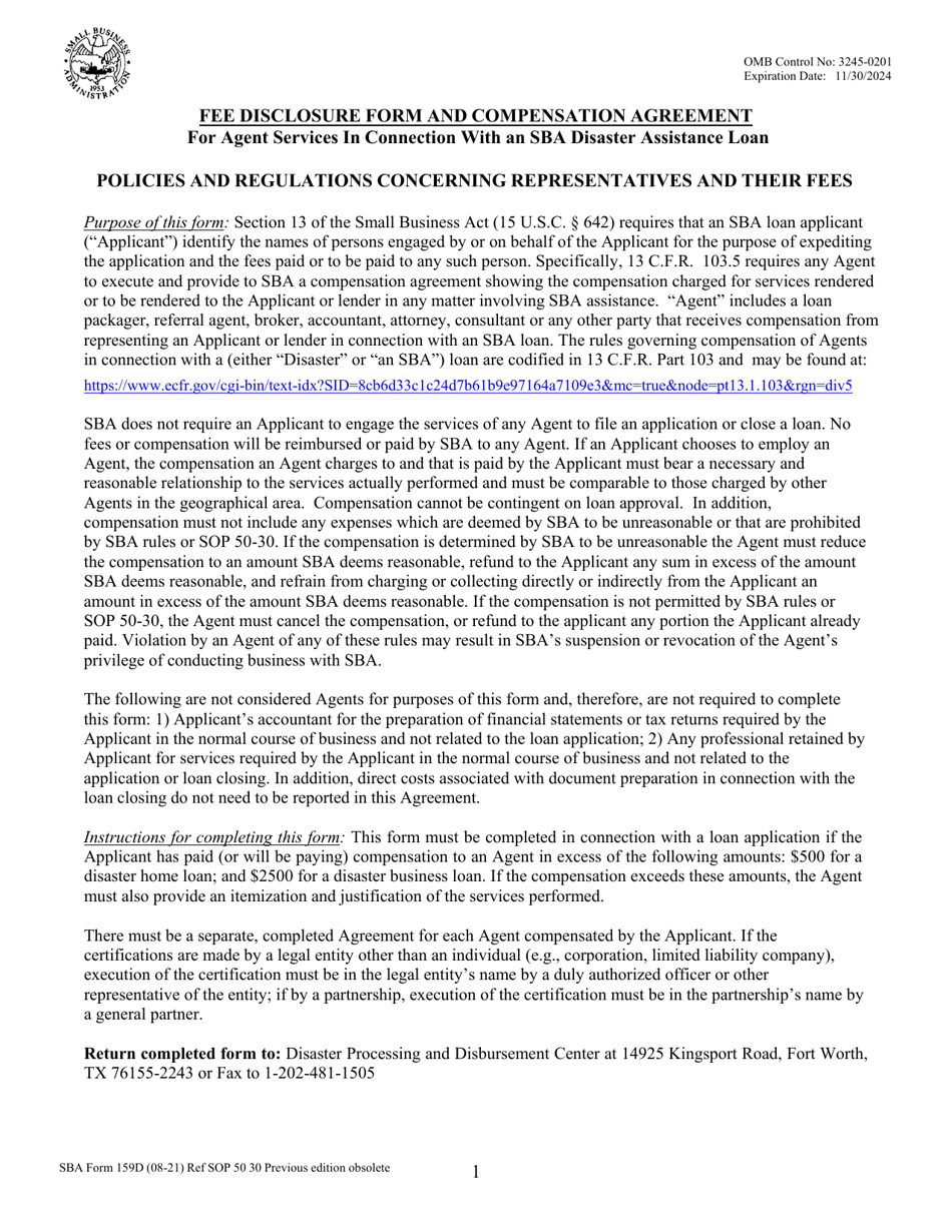 SBA Form 159D Download Fillable PDF or Fill Online Fee Disclosure Form ...