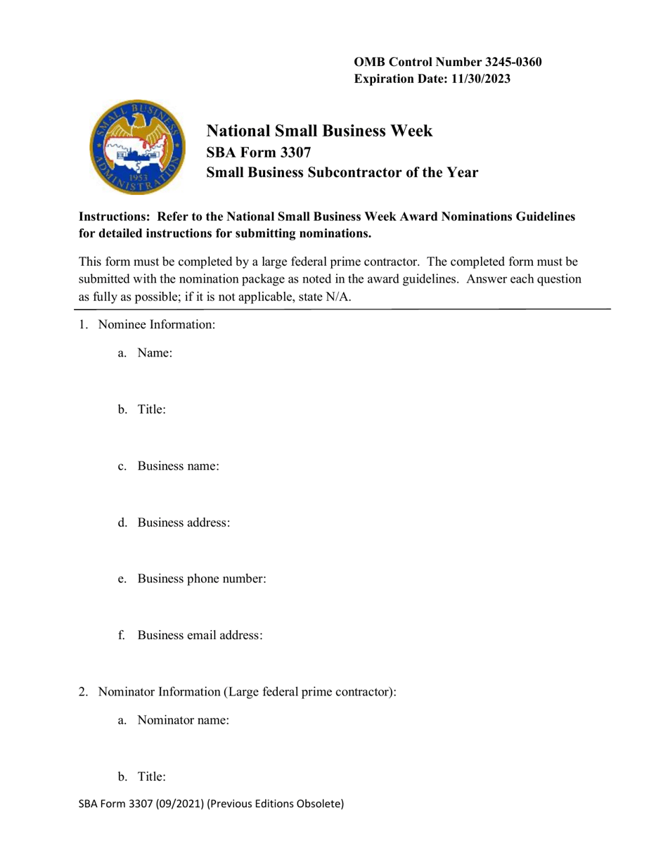 SBA Form 3307 Download Fillable PDF or Fill Online Nomination Form for ...