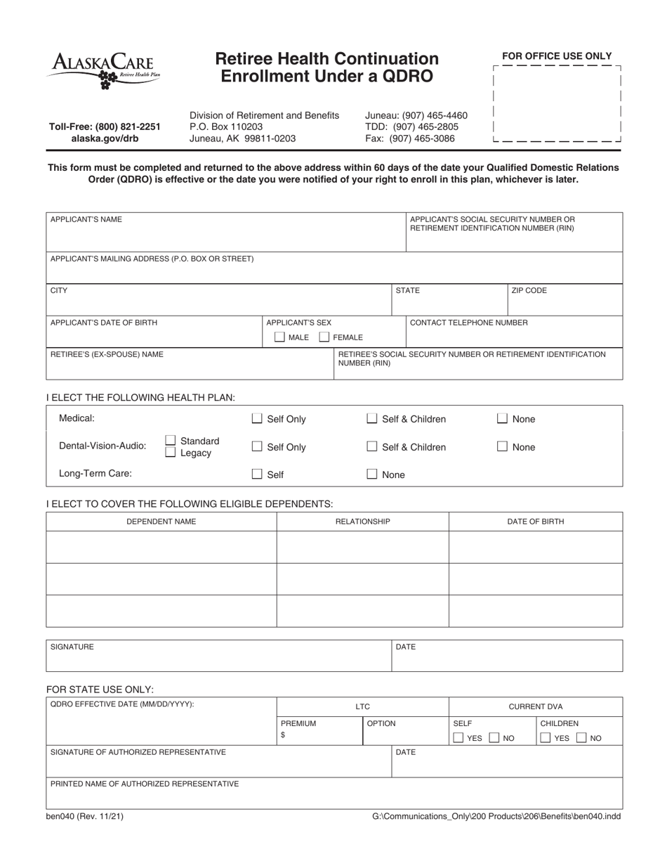 Form BEN040 - Fill Out, Sign Online and Download Printable PDF, Alaska ...