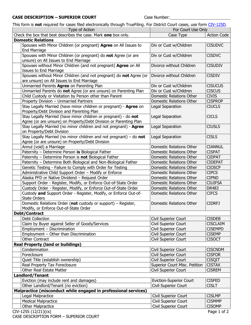 Form CIV-125S - Fill Out, Sign Online and Download Fillable PDF, Alaska ...