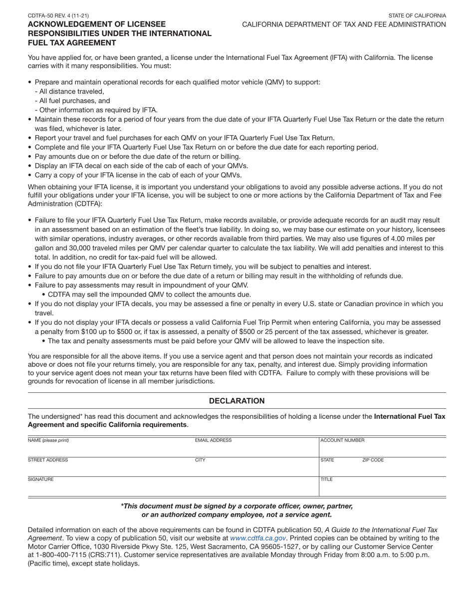 Form CDTFA-50 Download Fillable PDF or Fill Online Acknowledgement of ...