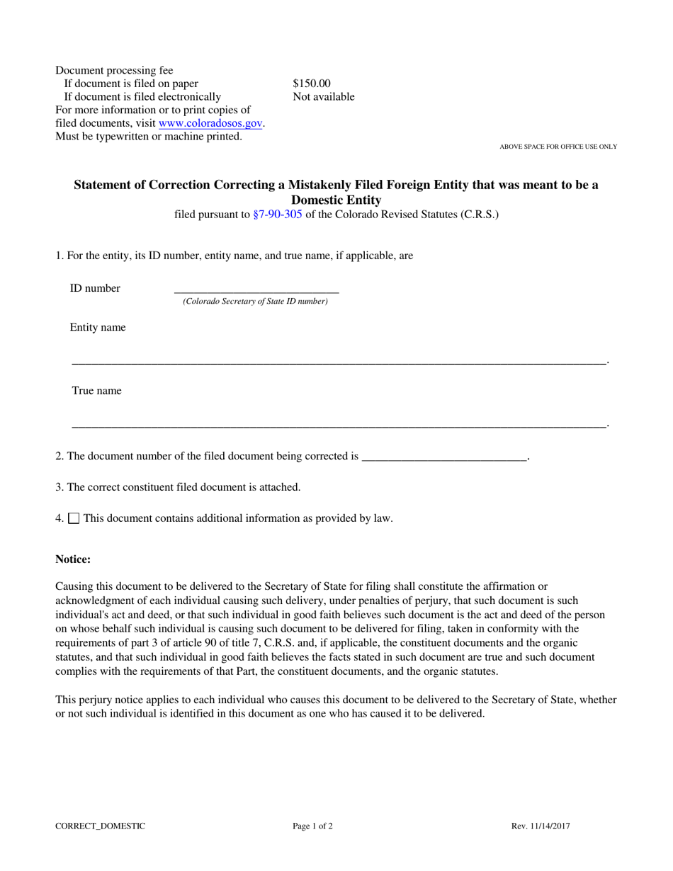 Colorado Statement of Correction Correcting a Mistakenly Filed Foreign ...