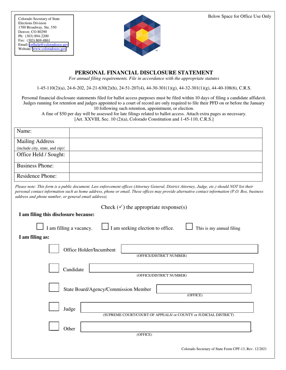Form CPF-13 Download Fillable PDF or Fill Online Personal Financial ...