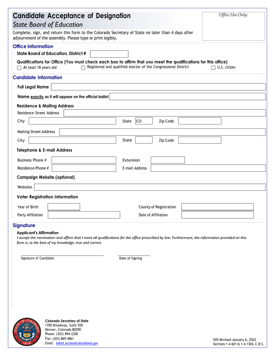 Colorado Candidate Acceptance of Designation - State Board of Education ...