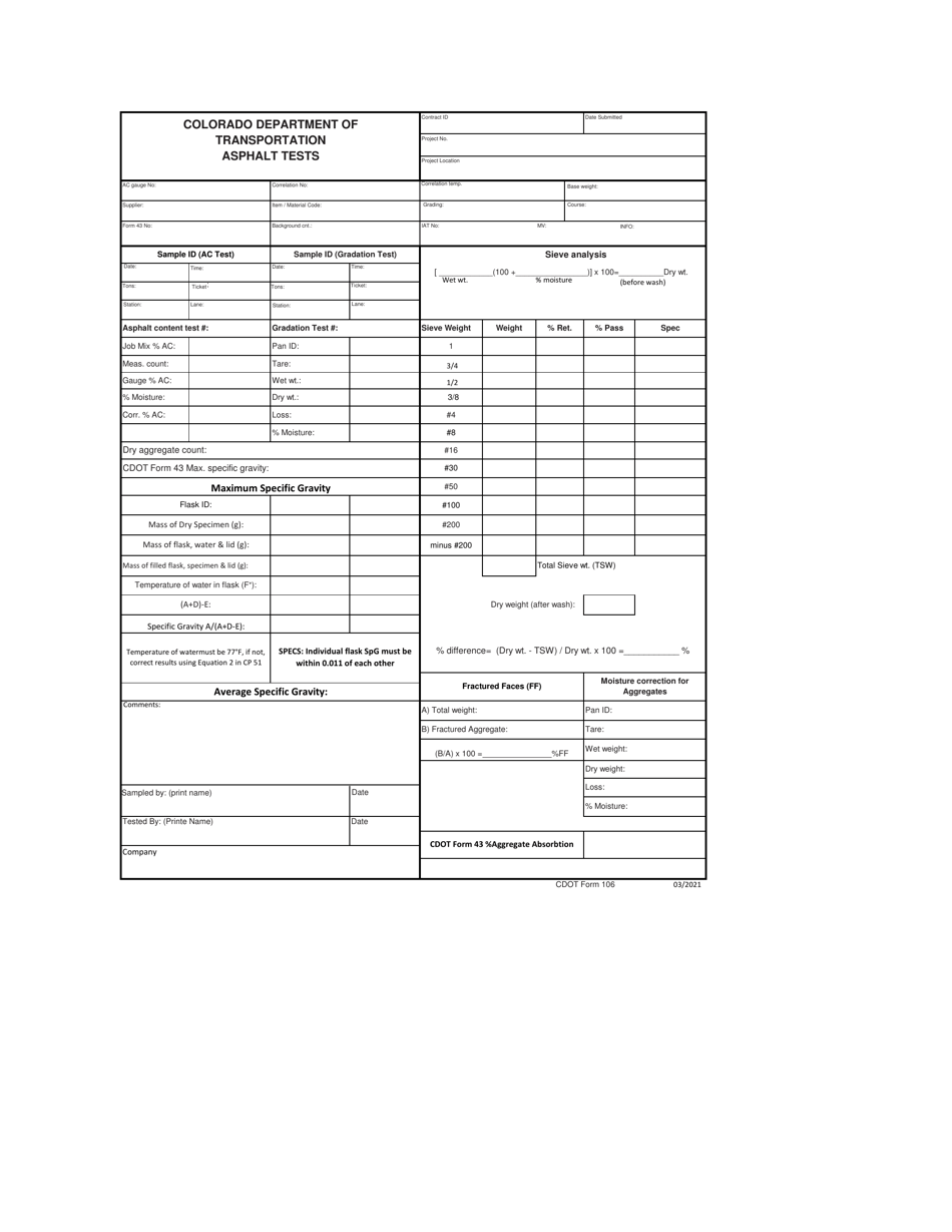 CDOT Form 106 Download Fillable PDF or Fill Online Asphalt Tests ...