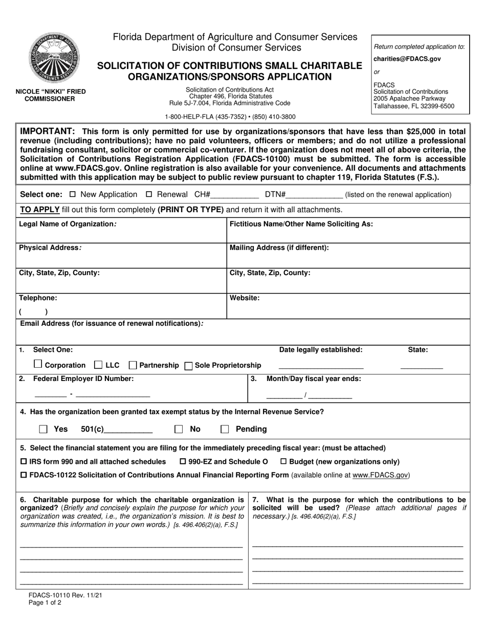 Form FDACS-10110 Download Fillable PDF or Fill Online Solicitation of ...
