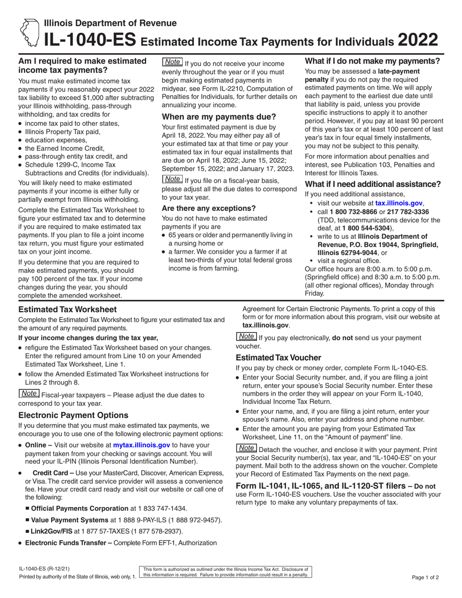 Form IL-1040-ES Download Fillable PDF or Fill Online Estimated Income ...